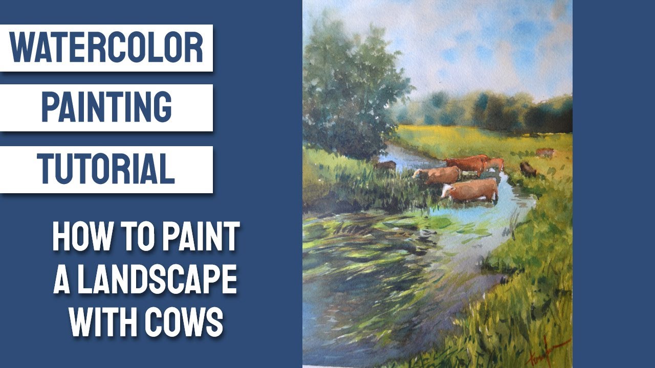 WATERCOLOR Painting TUTORIAL - How to Paint a LANDSCAPE with COWS - YouTube