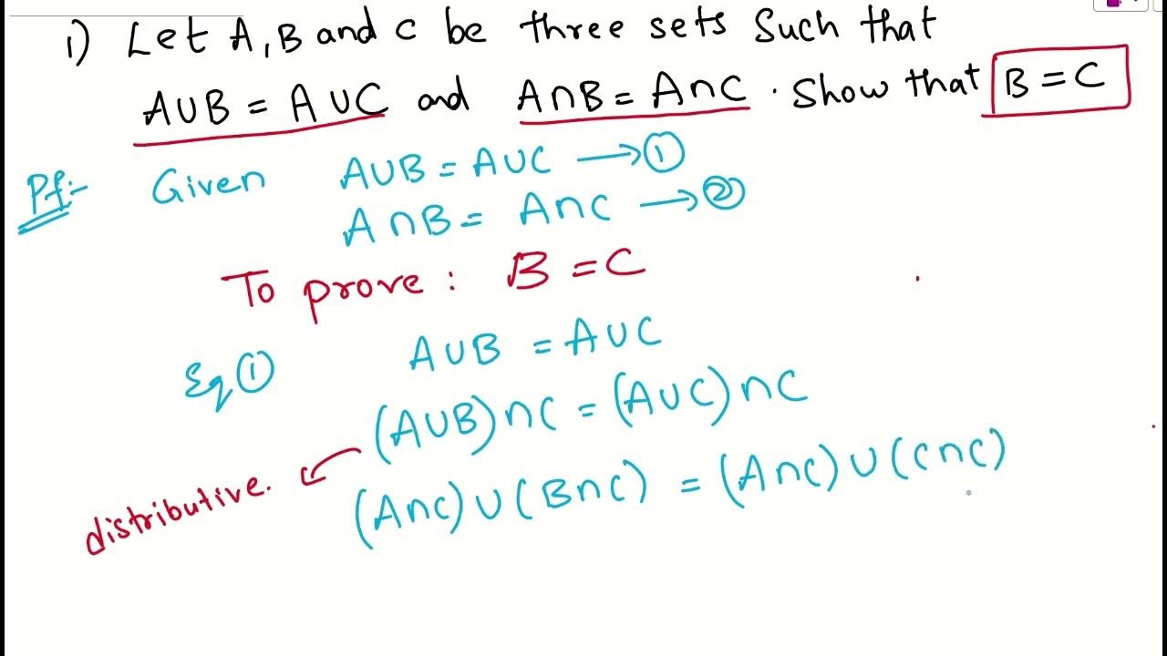 Let A, Band C be three sets such that AUB=AUC and A∩ B= A∩C. Show that B=C |sets| class 11&12 ...