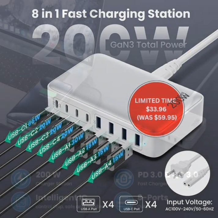 "Power Up Fast with 200W USB C GaN Charger 🔌⚡ | 8-Port Fast Charging ...
