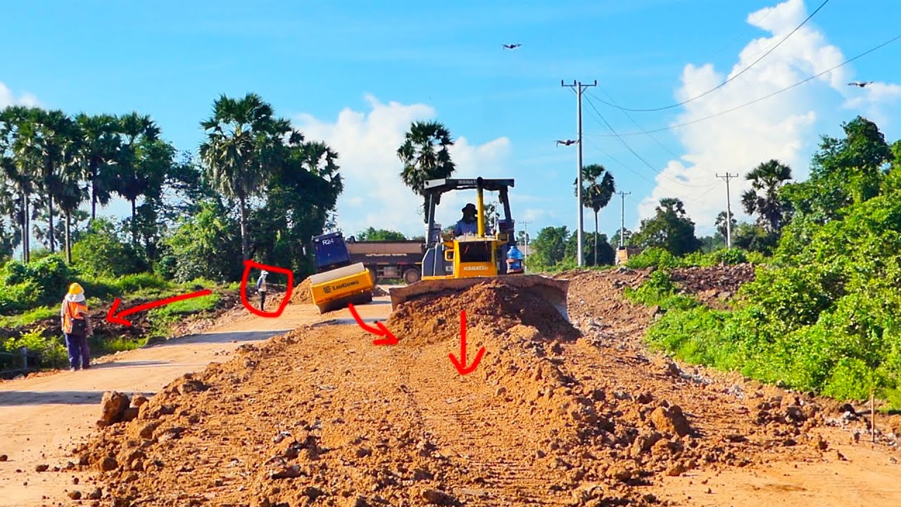 All kind of machines work hard on building the new rural road - YouTube