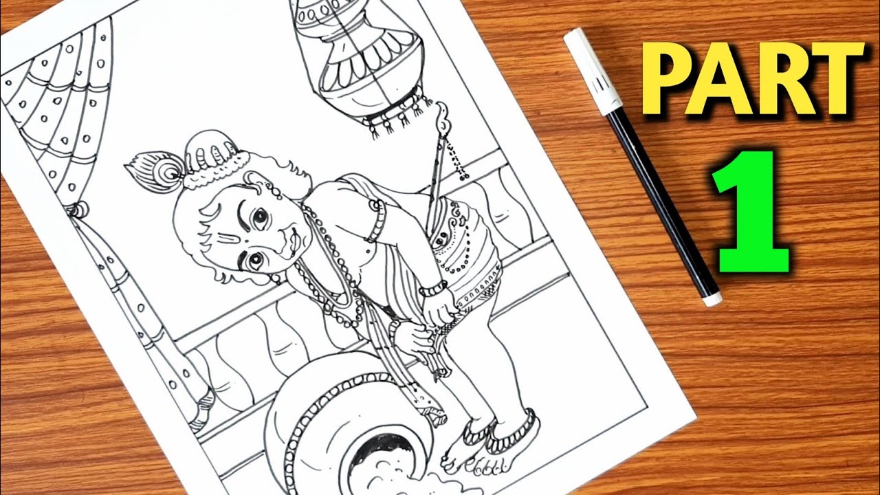 Krishna drawing | Janmashtami special drawing | Bal Krishna outline ...
