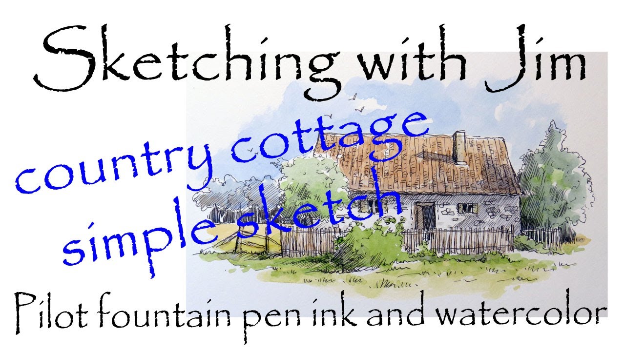 fountain pen and watercolor sketch of cottage - YouTube