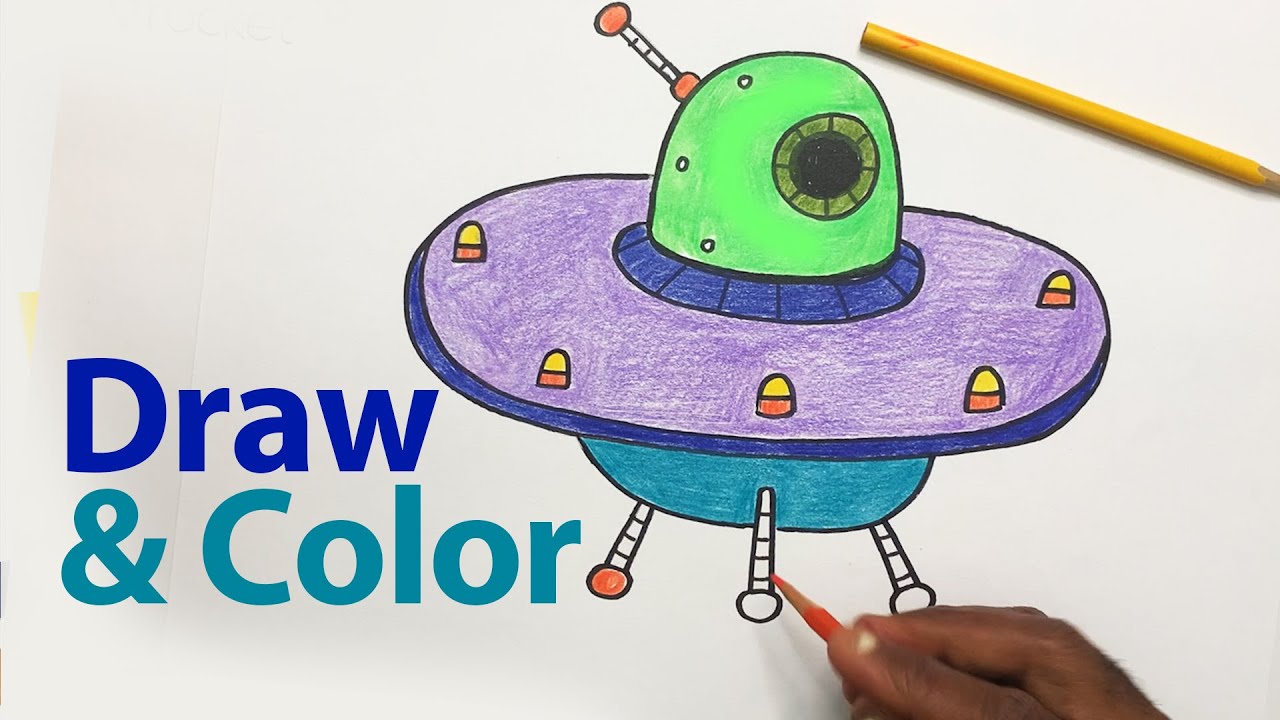 How to draw and colour an alien spaceship | Draw with me step by step # ...