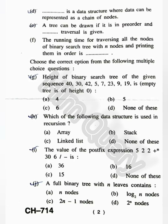 BCA Data Structures (BCA-0204) 2nd sem previous year question paper hpu ...