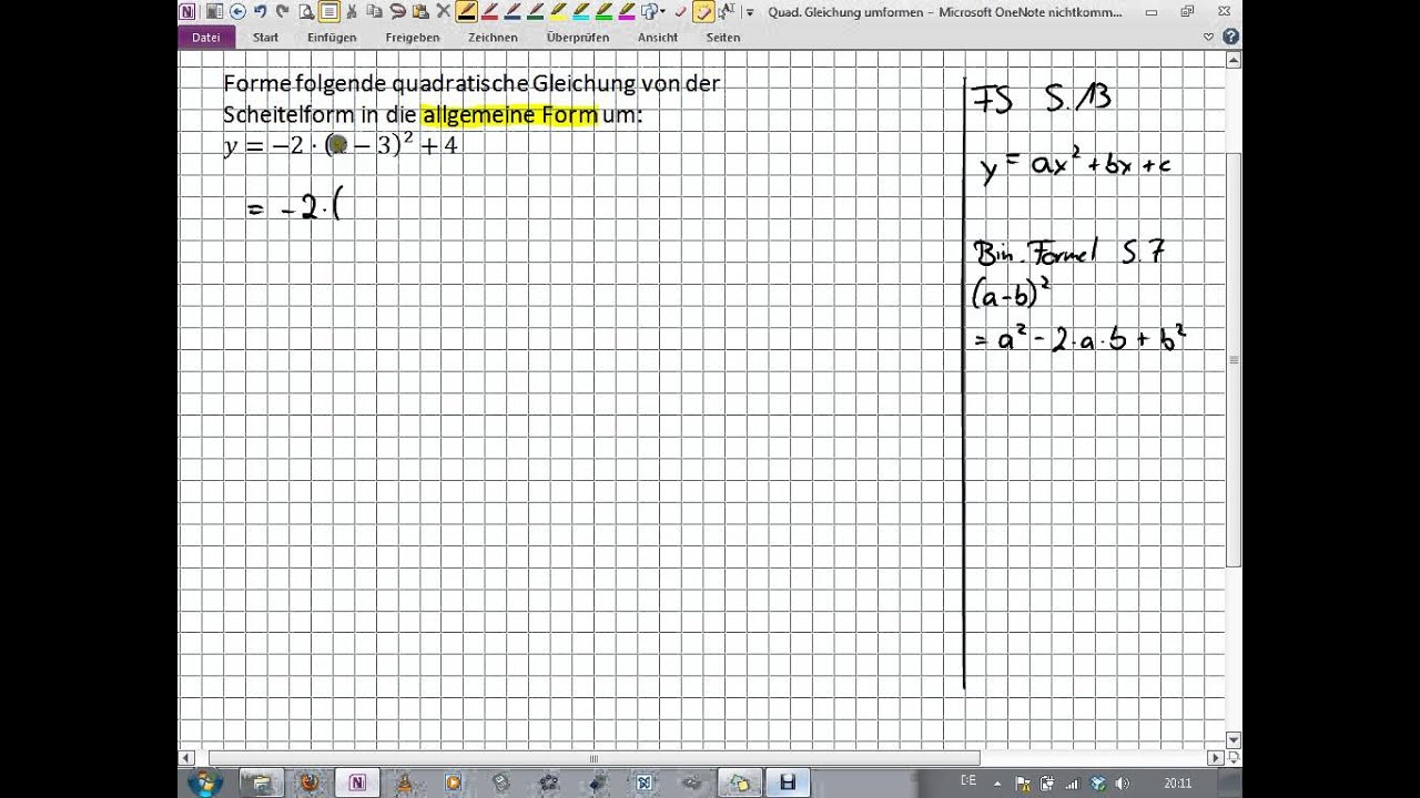 Scheitelform - Umformen in Allgemeine Form (9I.3 | 10II.1) - YouTube