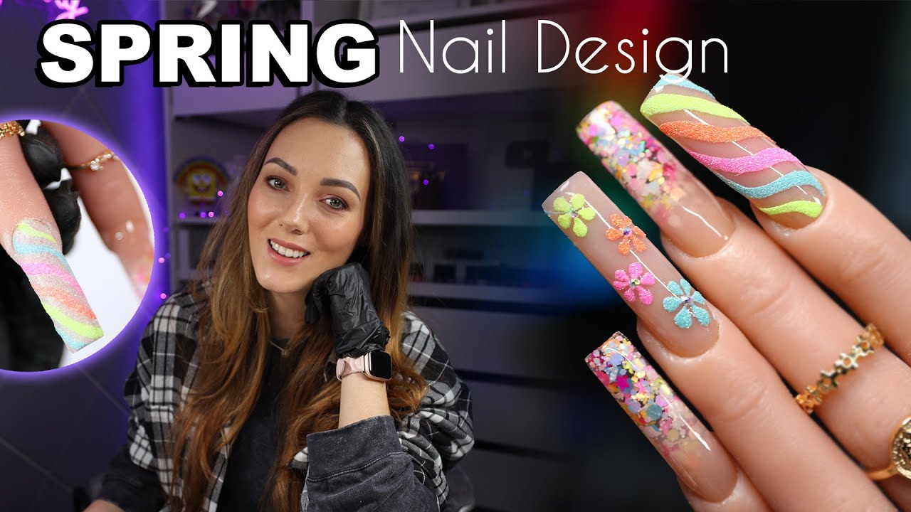 Acrylic Nails Spring BRIGHT Sugared Nail Art Tutorial - YouTube