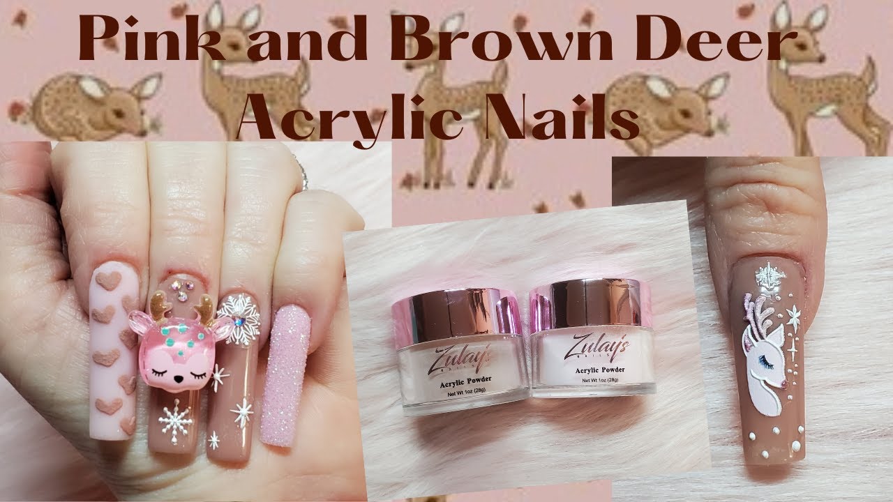 Pink and Brown Deer Nails l Acrylic Nails l Winter Nails l @zulaysnails ...