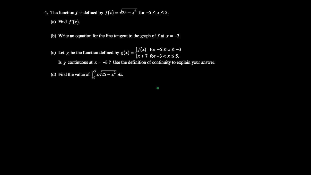 2012 AP Calculus AB Free Response 4 part a - YouTube
