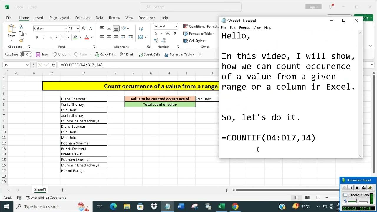 Count occurrence of a value in a given range or a column in Excel - YouTube