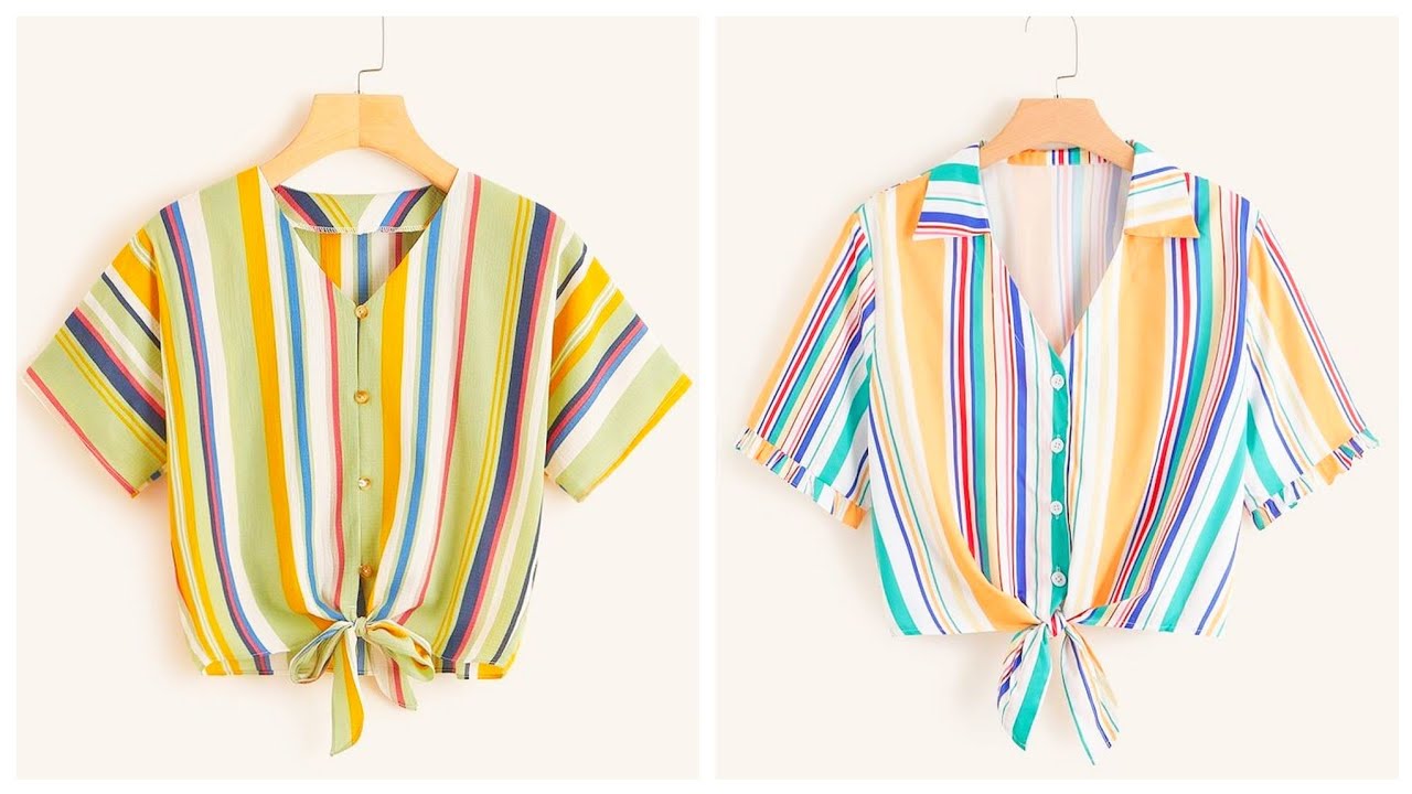 Girls knot hem colourful striped top blouses outfits/Colorful striped ...