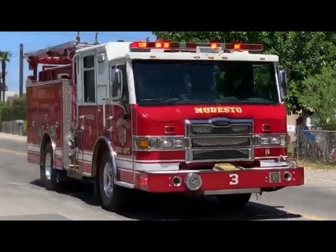 Modesto Fire Trucks Respond Code 3 to a Residential Fire! - YouTube
