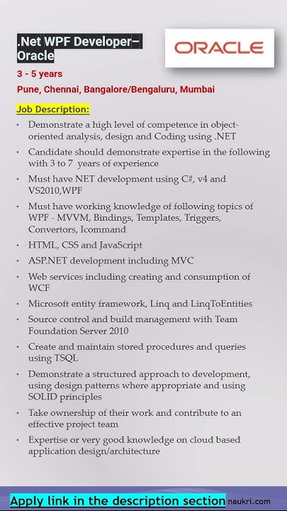 Oracle Net Wpf Developer Bangalore C V4 And Vs2010wpf Linq Tsql Mvc Shorts