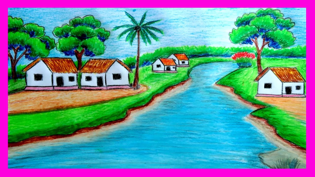 village drawing pencil color || a beautiful village drawing for ...
