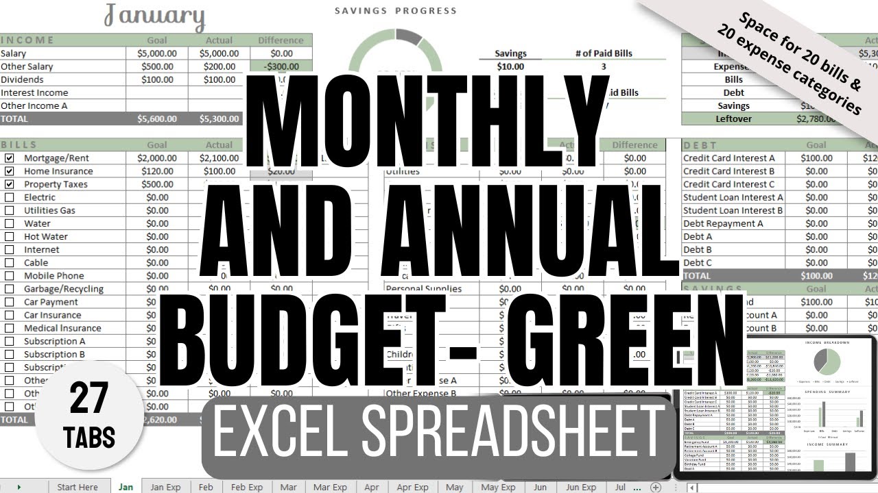 Monthly and Annual Budget Excel Spreadsheet - Green - YouTube