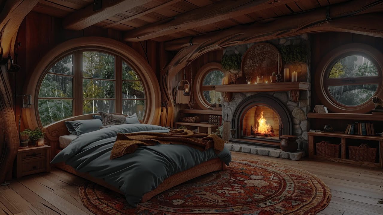 Cozy Hobbit Home - Heavy Rain, Fireplace Sounds for Sleeping, Focus ...