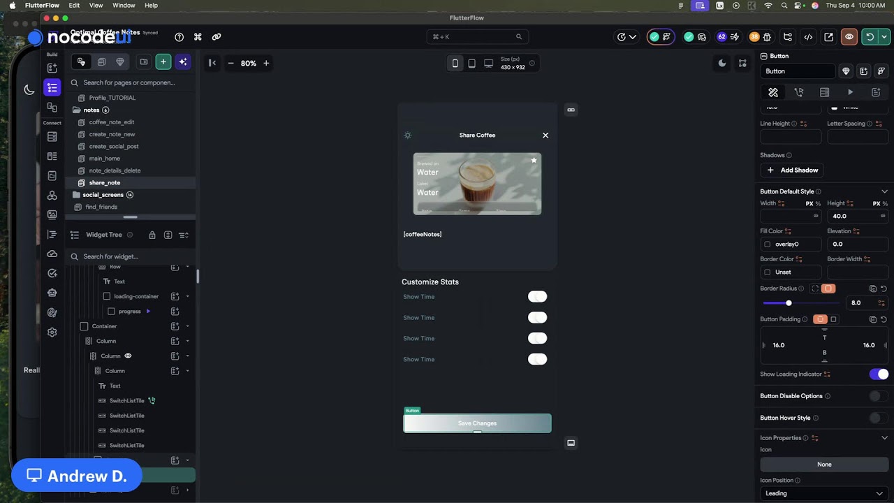 Live Building in FlutterFlow: Customizable Share Screen for a Coffee App - YouTube