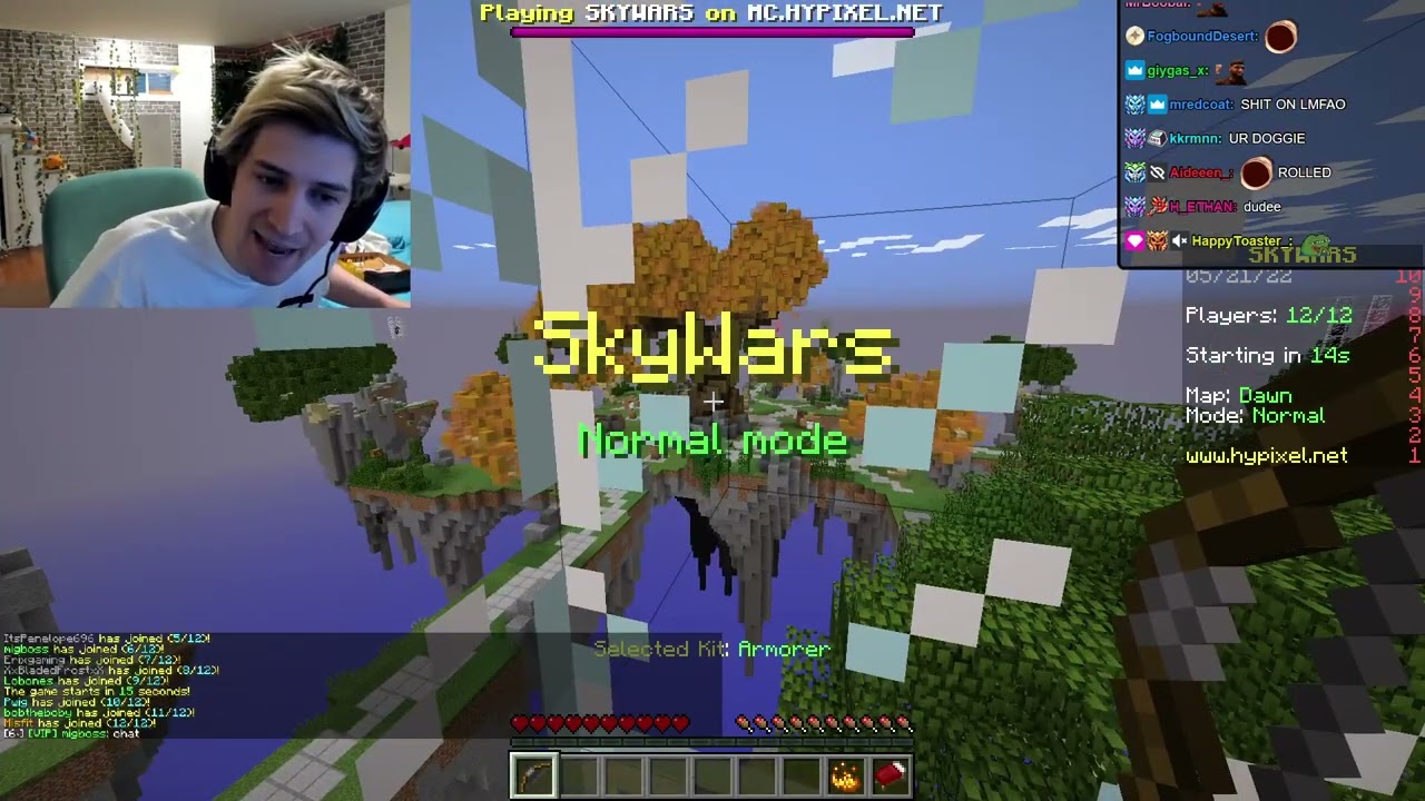 xQc plays Minecraft Skywars, Build Battles & TNT Run | May 22, 2022 ...