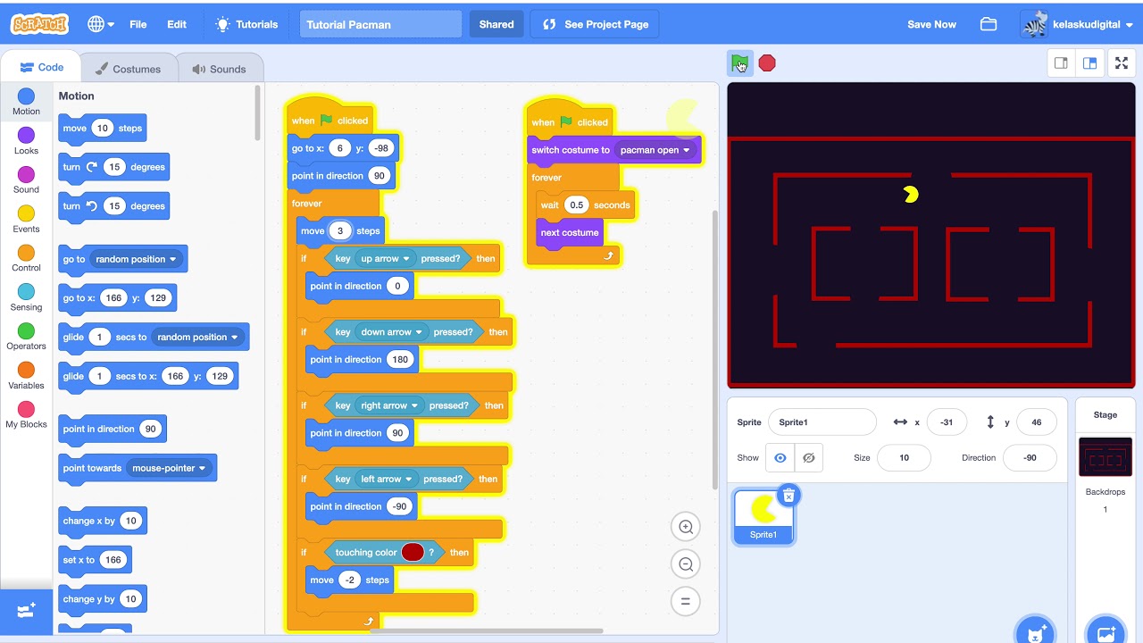 Tutorial Sprite Pacman Untuk Bergerak dengan Coding Scratch 3.0 - YouTube