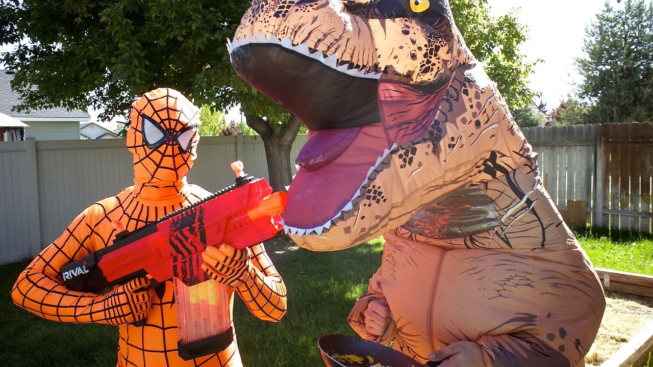 Orange Spiderman Vs Pet T-Rex IRL SuperHero Movie - YouTube