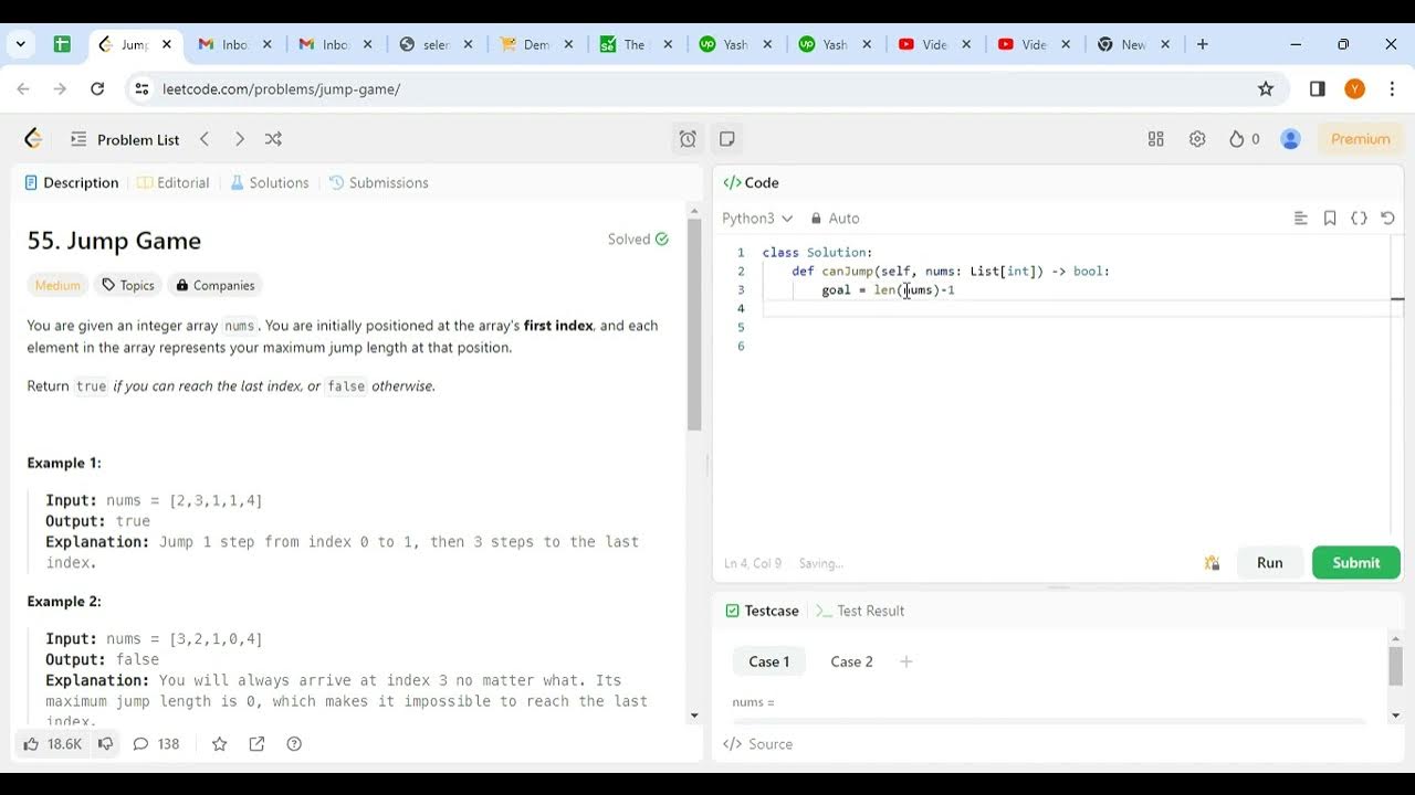 Leetcode Problem 55 Jump Game Leetcode Dsa Dsalgo Faang Amazon Youtube
