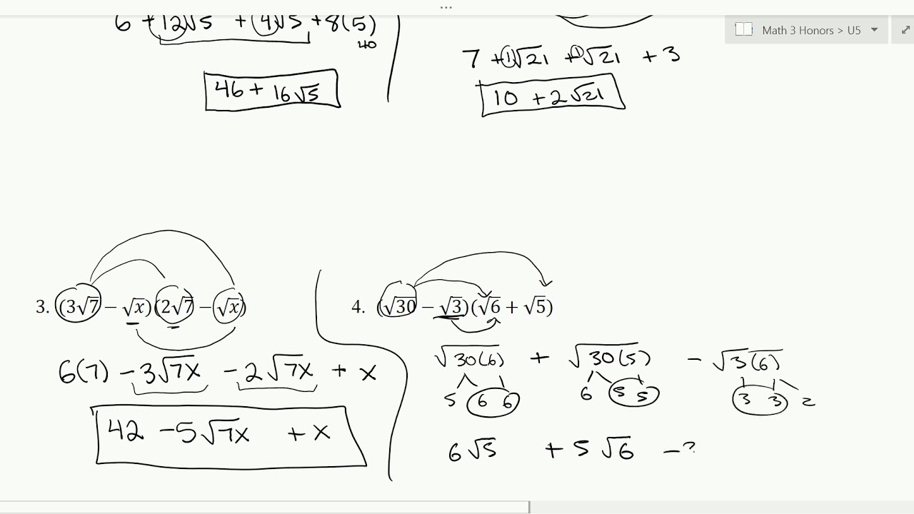 Multiplying & Dividing Binomial Radical Expressions (M3 Notes 5.4 ...