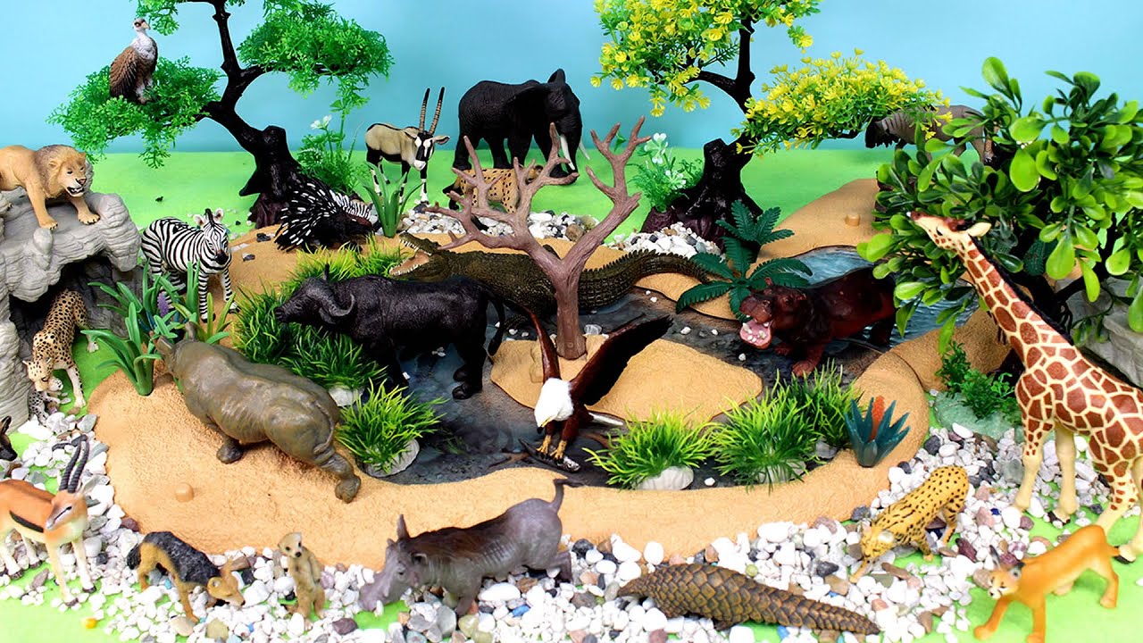 African Safari Animal Figurines on Pond Diorama Scenery Set - Learn ...