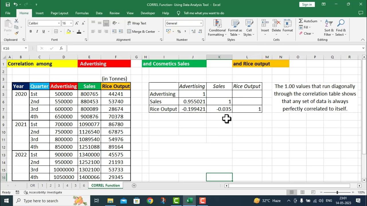 CORREL Function Using Data Analysis Tool - YouTube