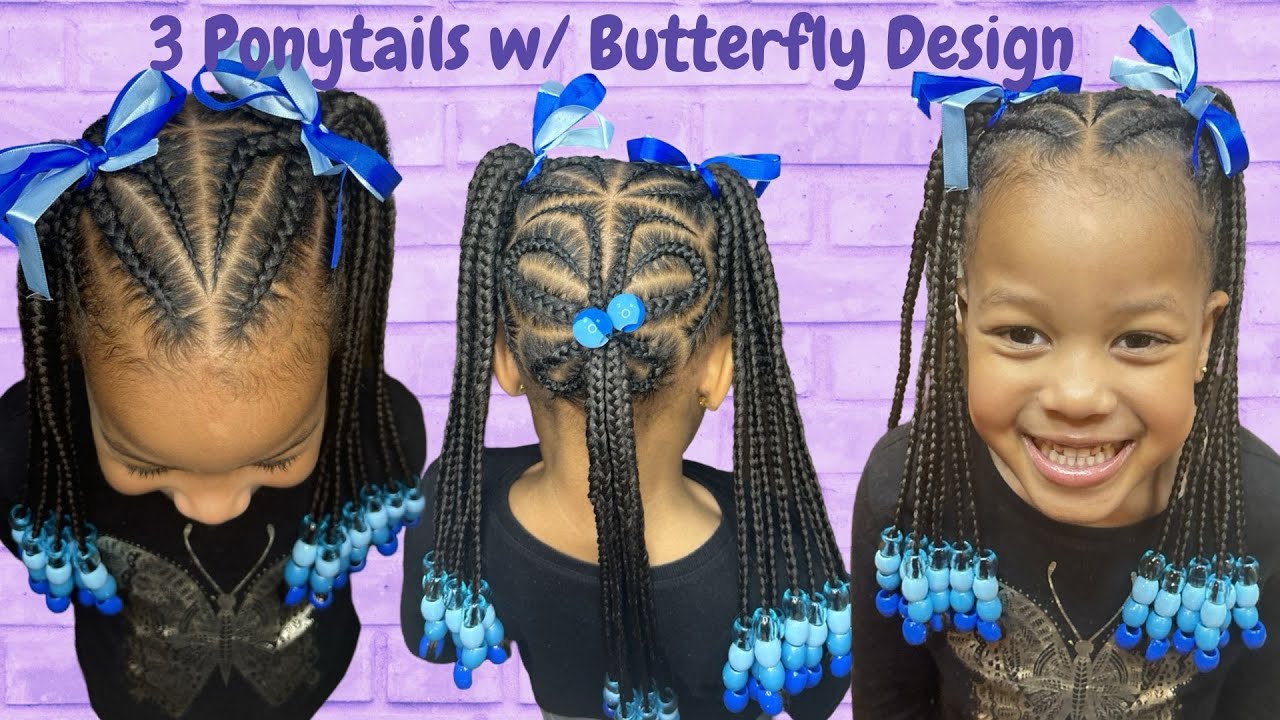 How To | 3 Braided Ponytails w/ Butterfly Design - YouTube