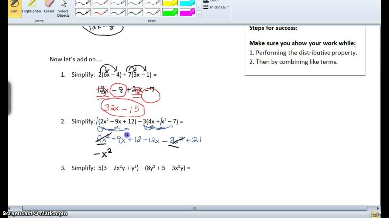 Unit 1 Using the Distributive property to add/subtract polynomials (3 ...