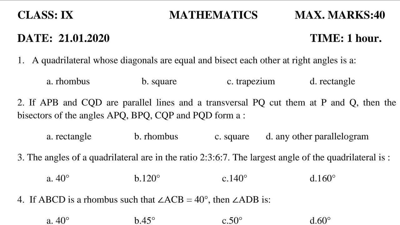 Class 9 Maths MCQ Paper with Answer sheet | 9th maths MCQ sample paper ...
