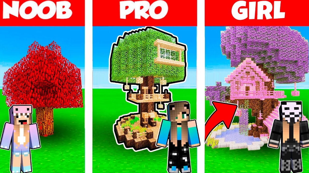 Minecraft Battle: TREE HOUSE BUILD CHALLENGE - NOOB vs PRO vs GIRL ...