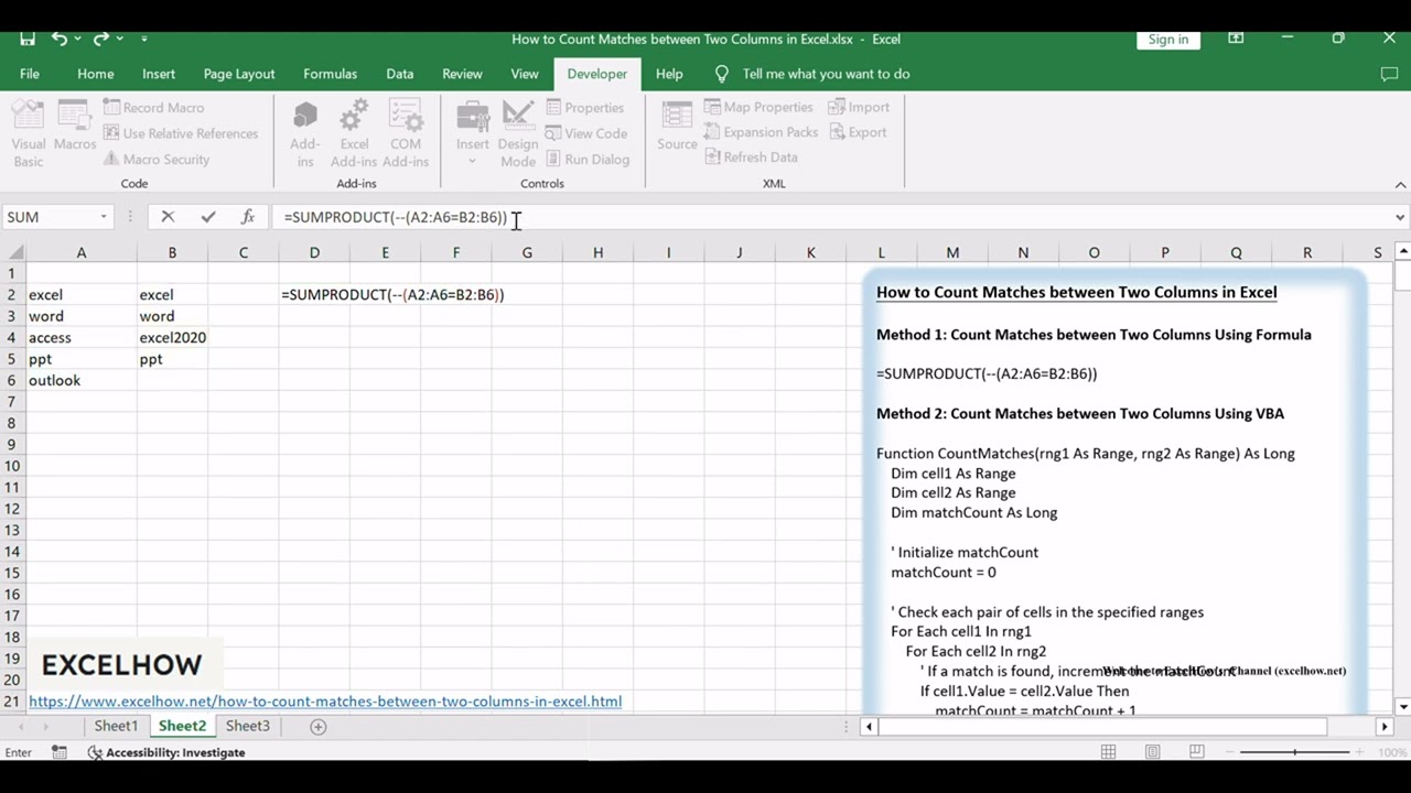 How To Count Matches Between Two Columns In Excel YouTube How To Count Matches Between Two Columns In Excel YouTube