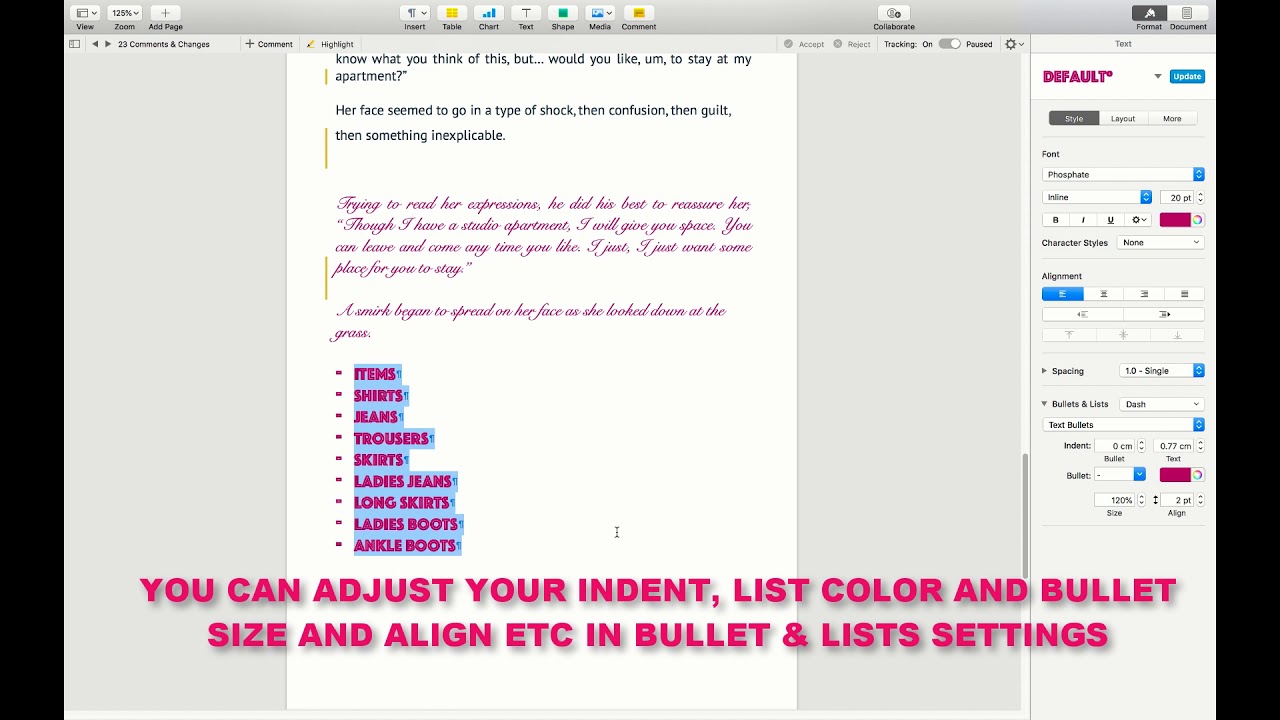 HOW TO CREATE A DASH BULLET IN A PAGES DOCUMENT MAC - YouTube