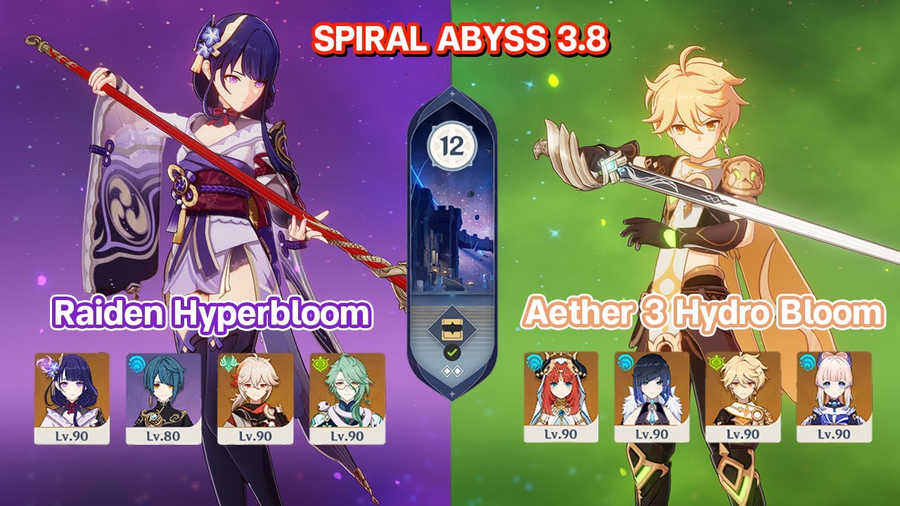 Raiden Hyperbloom & Aether 3 Hydro Bloom | Spiral Abyss 3.8 Floor 12 9 ...