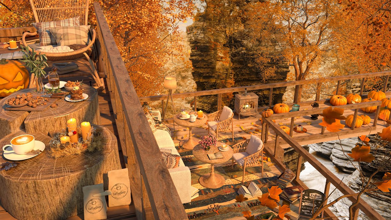 4K Cozy Fall Coffee Shop Ambience 🍂 Piano Jazz Music - Background ...