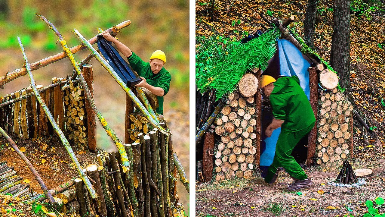 Camping VS Wild: Bushcraft Cabin Building Process in a Forest 🏕️ ⚒️ ...