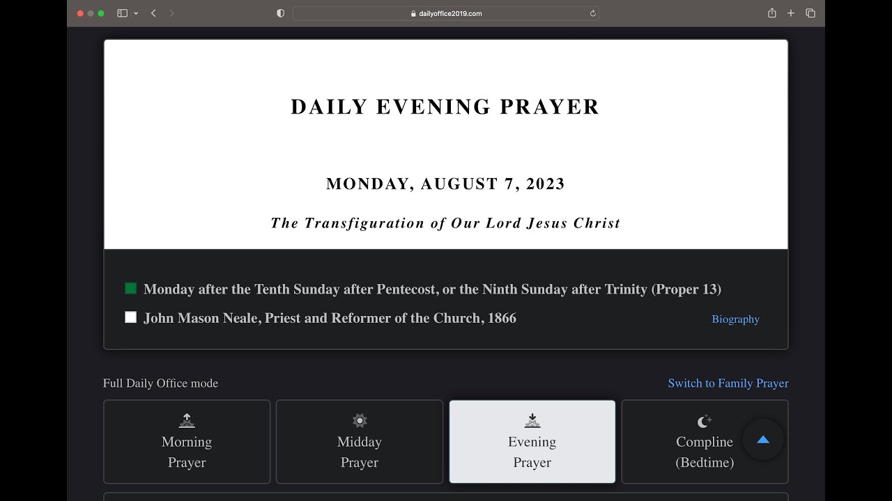 The Daily Office | Evening Prayer Mon 7 Aug 2023 from the BCP 2019 ...