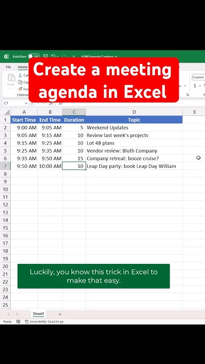 Create a meeting agenda in Excel or Google sheets with this formula #workhacks #exceltips #excel ...