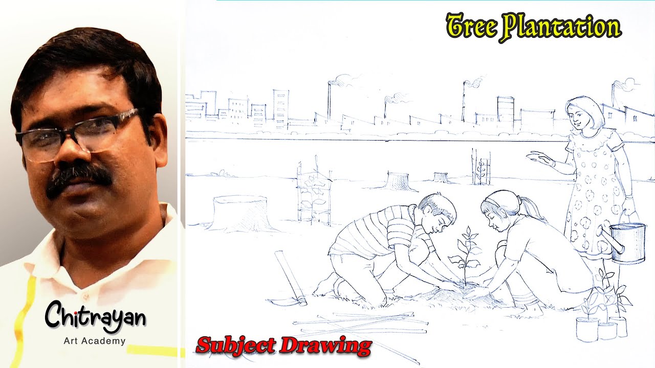 Tree Plantation Scenery Drawing | Tree Plantation Drawing Step By Step ...