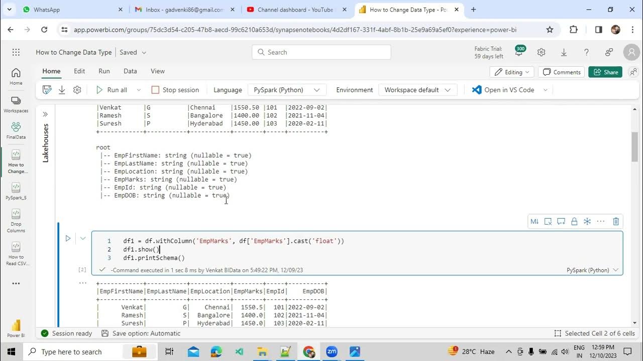 How to Change the Data Type using PySpark in Microsoft Fabric in Telugu - YouTube