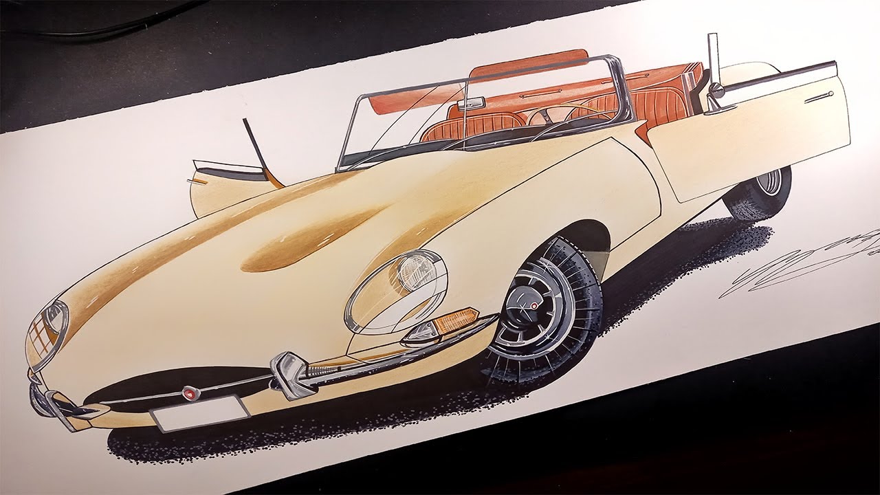 1971 Jaguar E-Type | CLASSIC CAR DRAWINGS - YouTube