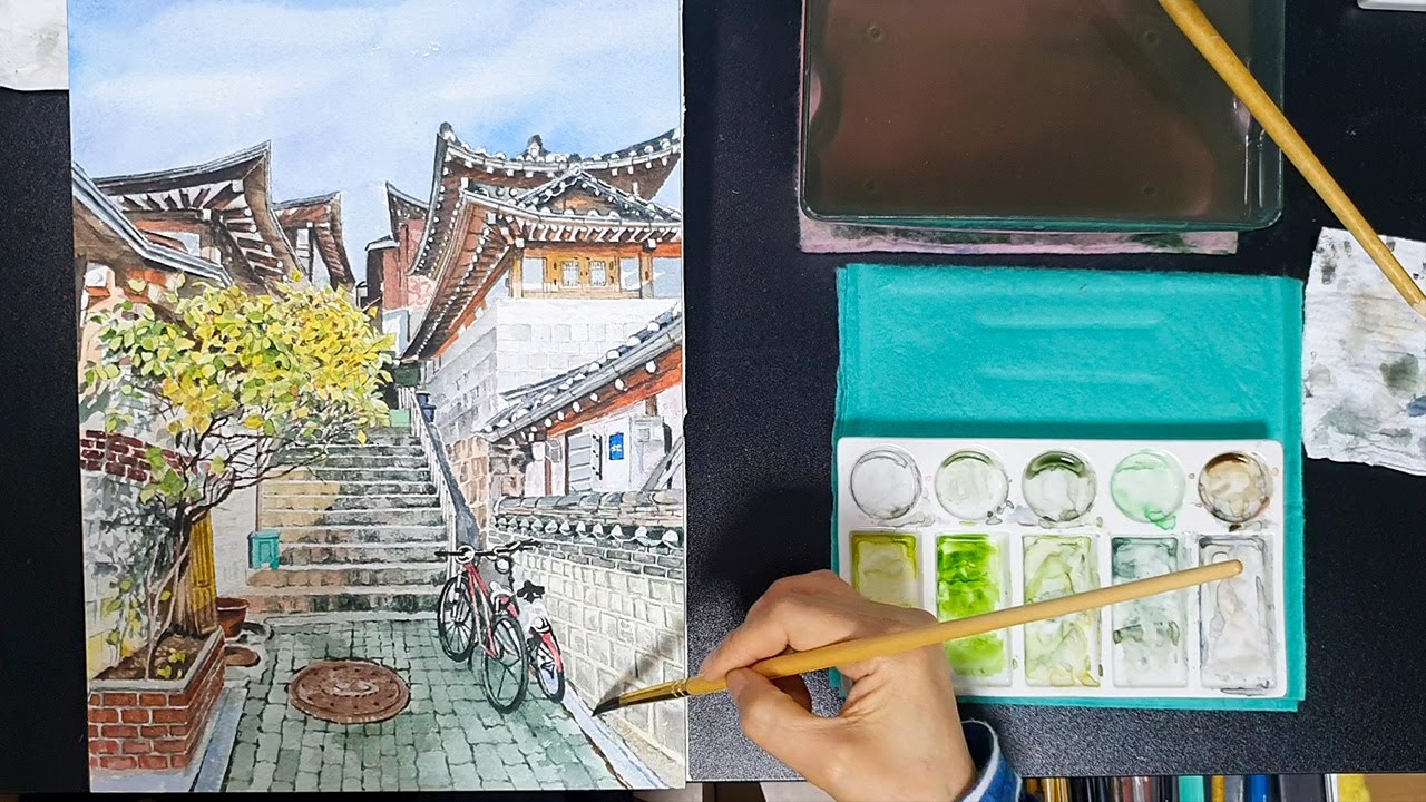 수채화 북촌 한옥마을 풍경 그림 그리기 Youtube