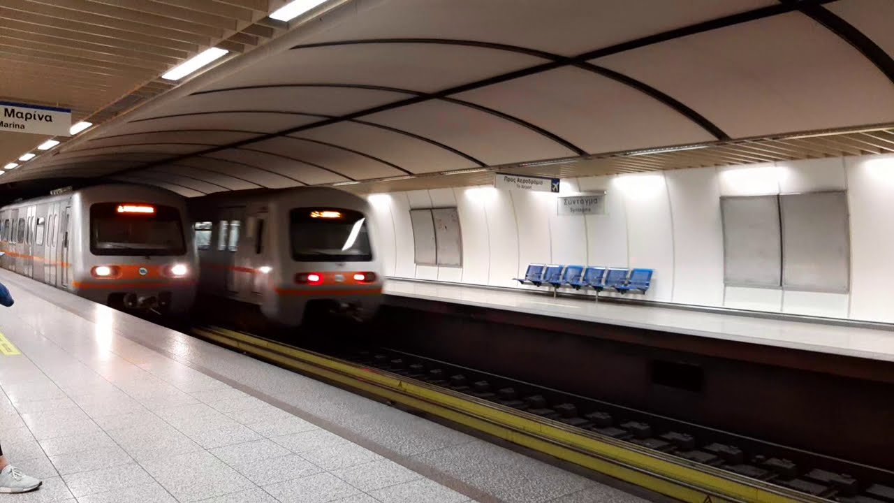 2 trains at Syntagma (1 leaves - 1 arrives) (HD) - Athens Metro Line 3 ...