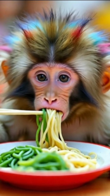 Monkey eating color noodles#funny #monkey #cute #shortsvideo # ...