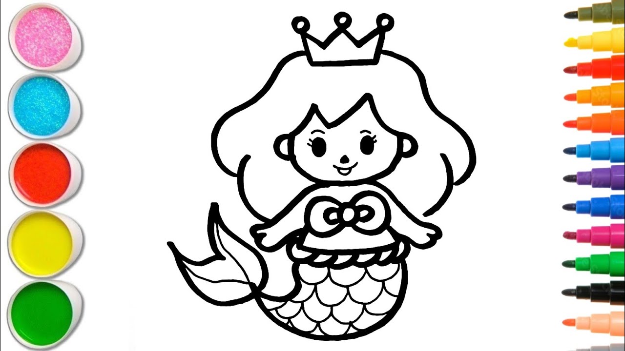Cute Mermaid Drawing, Painting and Coloring For Kids and Toddlers_ How ...