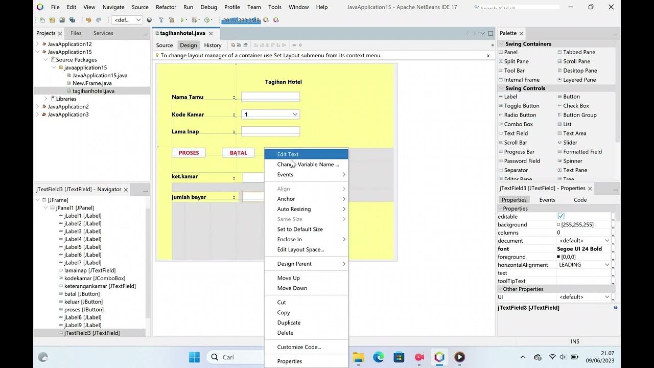 cara buat aplikasi pembayaran hotel di java netbeans - YouTube