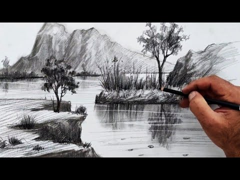 Drawing a beautiful lake view ️How to draw landscape with pencil and ...
