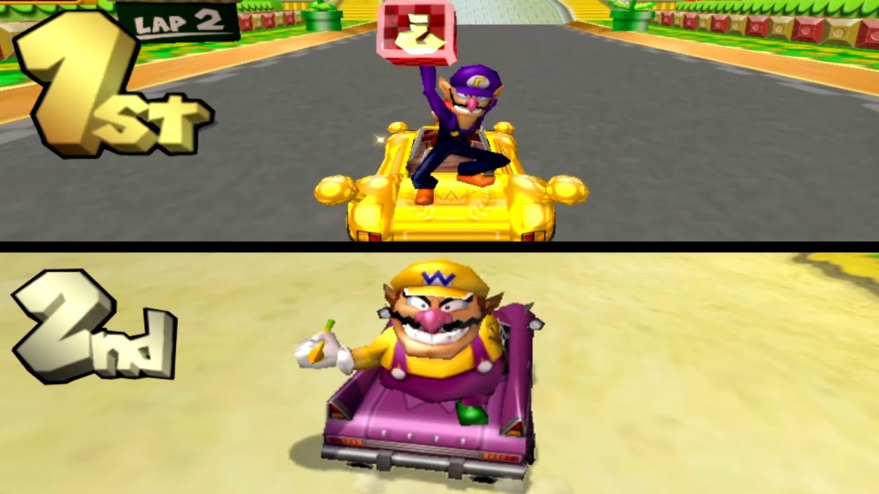 Mario Kart Double Dash Reverse - Waluigi vs Wario (2 Player Split ...