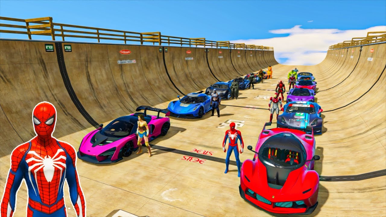 super racing cars with spider man challenge | superheros mega boom ramp ...