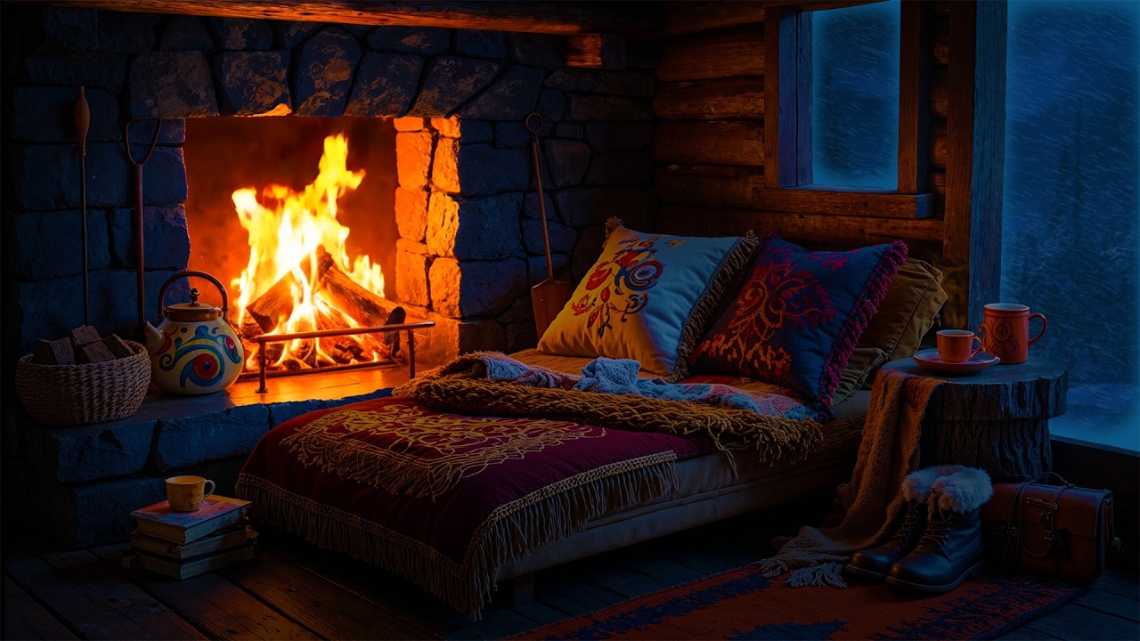 Cozy Fireplace Night in a Winter Cabin – Crackling Fire Sounds for ...